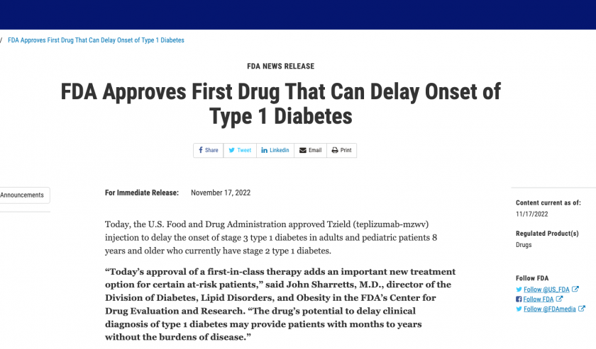 The world's first! FDA approves new drug for type 1 diabetes