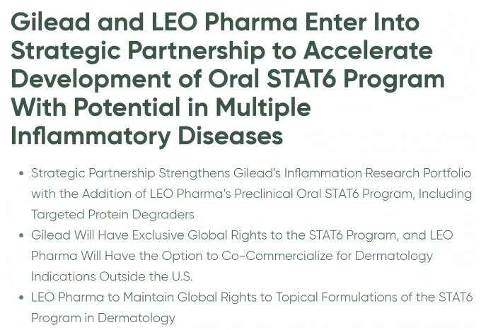Gilead Partners with LEO Pharma on $1.7 Billion STAT6 Inhibitor Initiative